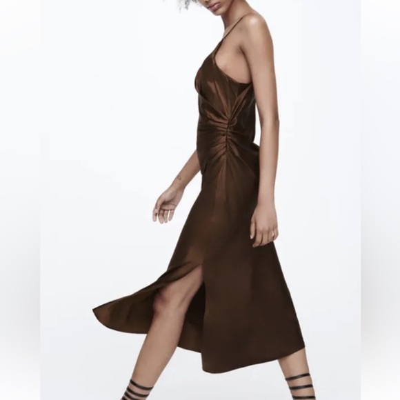 Zara | Dresses | Zara Effect Brown Slip Midi Dress | Poshmark